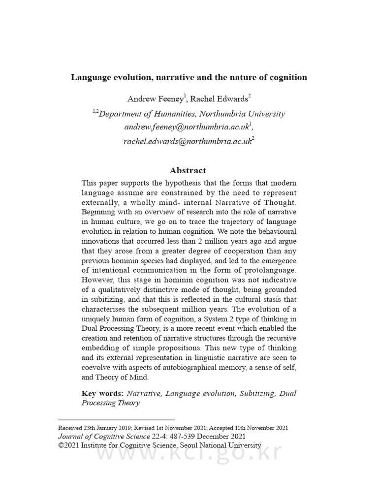 Language Evolution, Narrative and The Nature of Cognition | PDF