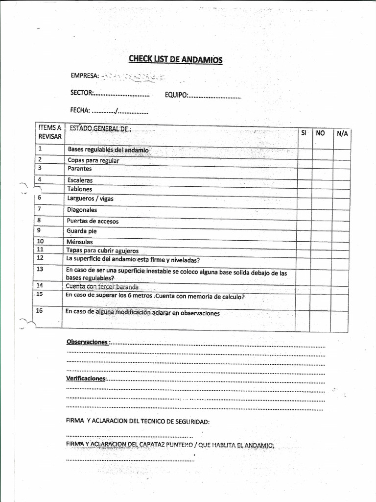 Check List de Andamios en Blanco | PDF