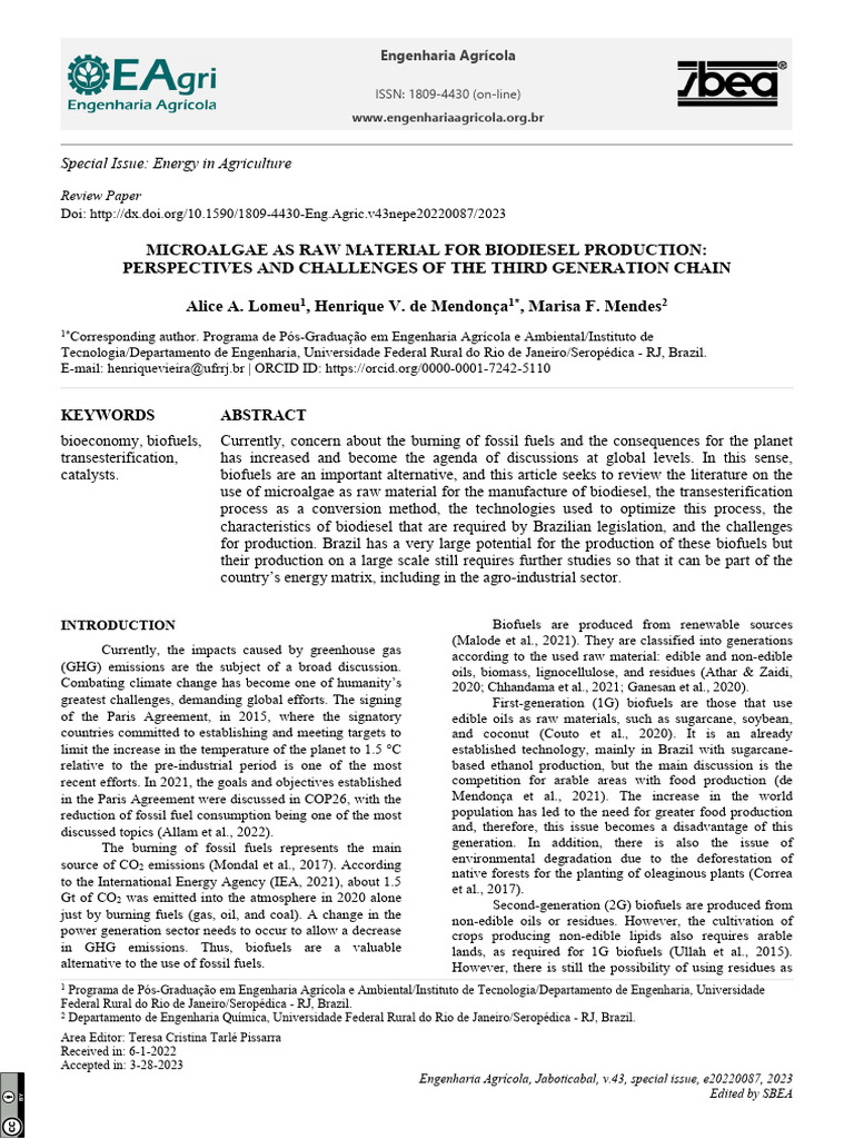 Microalgae As Raw Material For Biodiesel Production | PDF | Biofuel | Biodiesel