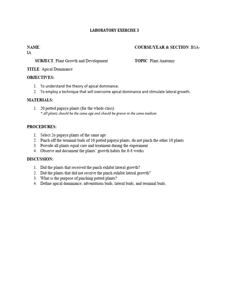 Laboratory Exercise 4 Apical Dominance | PDF