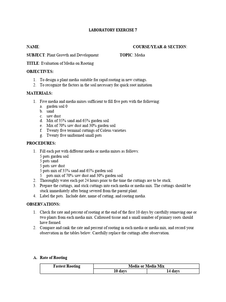 Laboratory Exercise 7 Evaluation of Growing Media | PDF | Root | Soil
