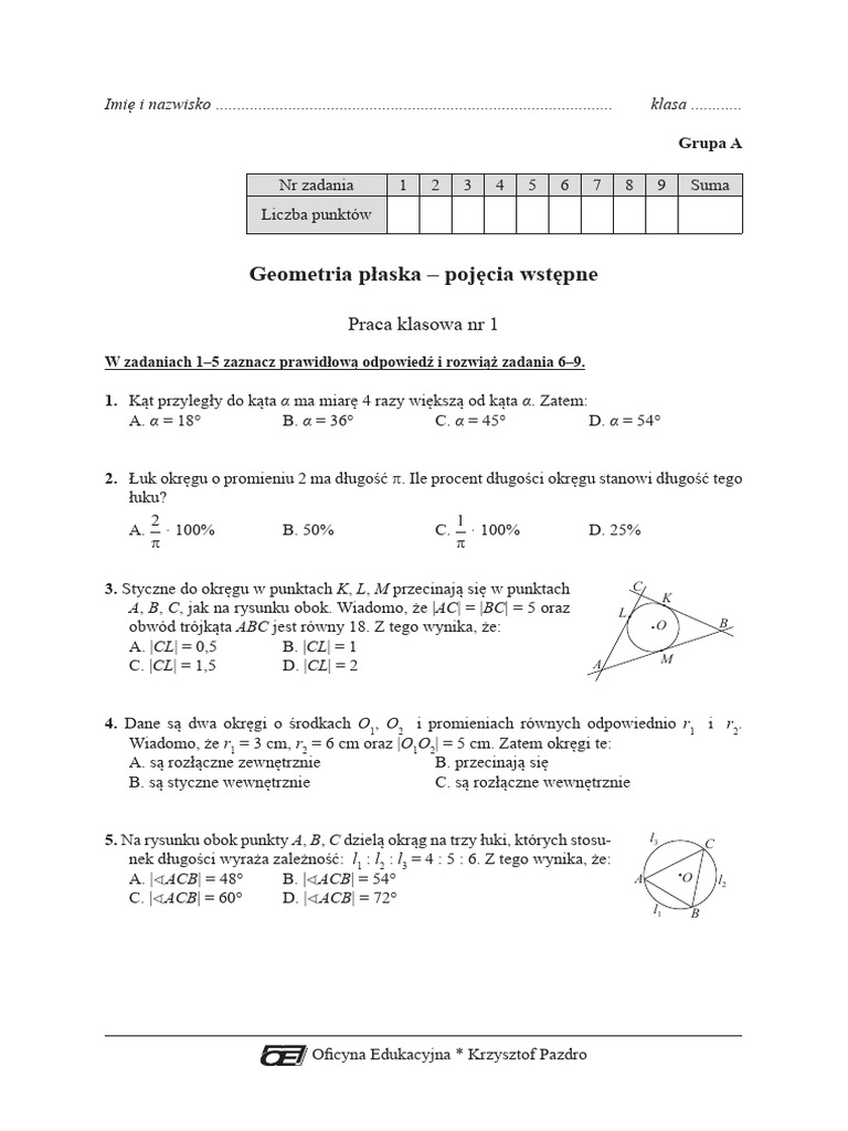 Geometria Plaska Pojecia Wstepne Praca Klasowa 1 GR A Wersja PDF | PDF