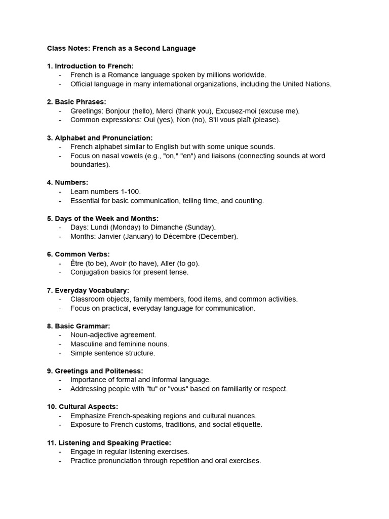 Class Notes - French As A Second Language | PDF