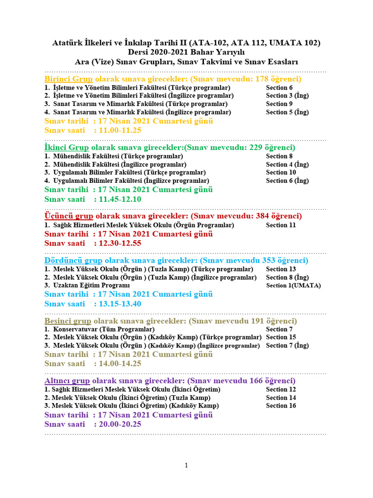 2020-2021 ATA-102, Ara (Vize) Sınav Takvimi Ve Sınav Esasları | PDF