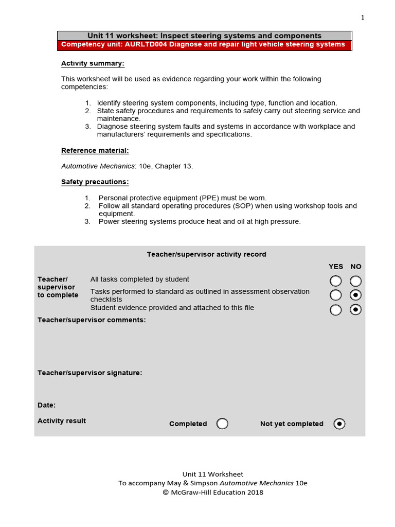 Unit 11 AURLTD004 Worksheet | PDF | Steering | Auto Mechanic