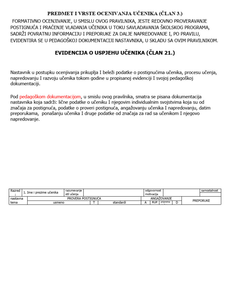 Obrazac Pracenje Napredovanja Ucenika 1 | PDF