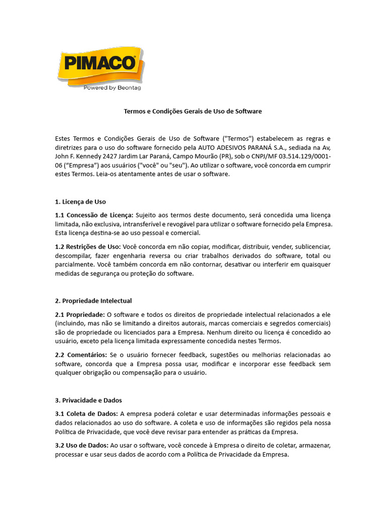 Termos e Condições Gerais de Uso de Software Pimaco - PT | PDF ...