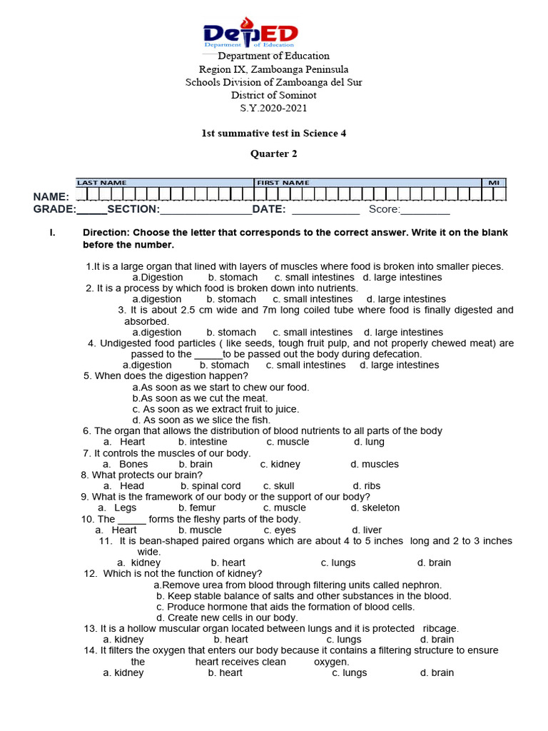 1st 2nd Summative Test in SCIENCE 4 QUARTER 2 WITH TOS ANSWER KEY | PDF ...
