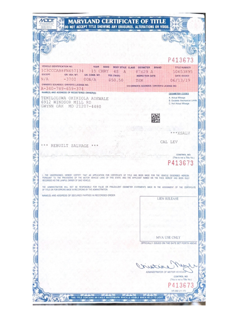 Maryland Certificate of Title | PDF
