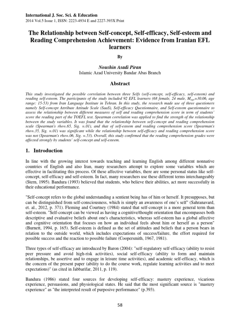 The Relationship Between Self-Concept, Self-Efficacy, Self-Esteem and Reading Comprehension ...