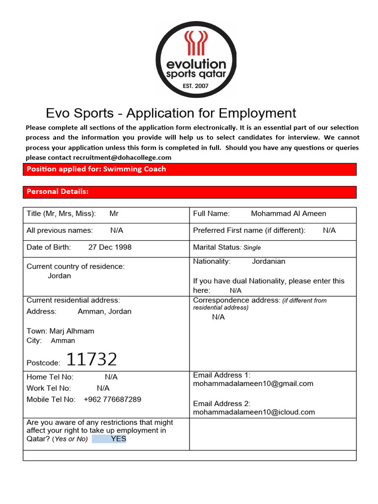 2023 09 Evo Sports Application Form, Mohammad Al Ameen | PDF | Employment | Recruitment