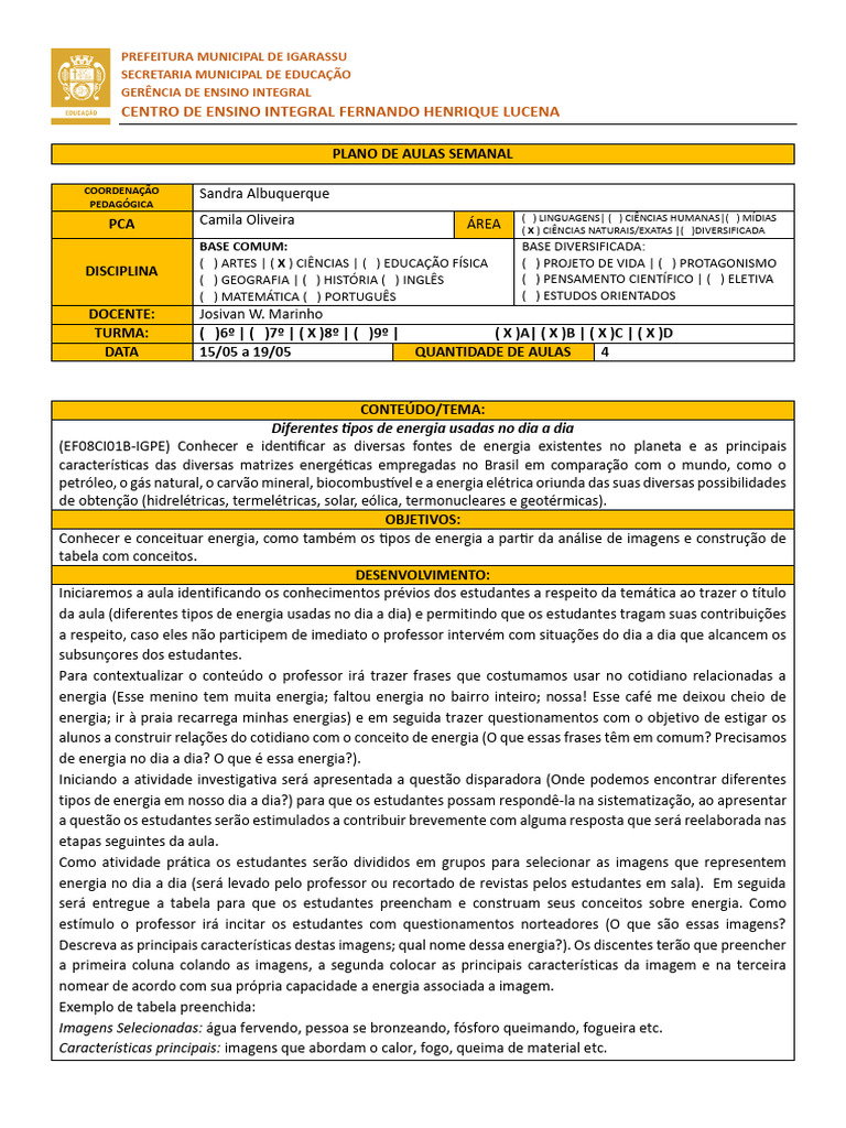 Ciências - Plano Semanal - 01 (15 A 19 de Maio) - Josivan - 8ºano ...
