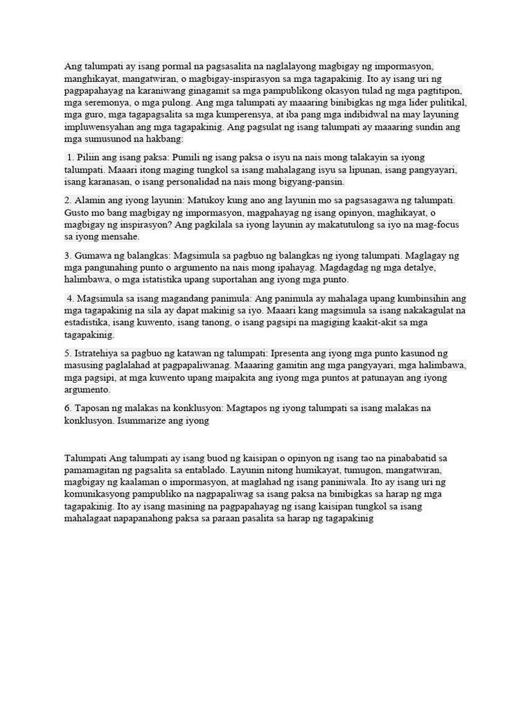 Ang talumpati ay isang pormal na pagsasalita na naglalayong magbigay ng impormasyon | PDF