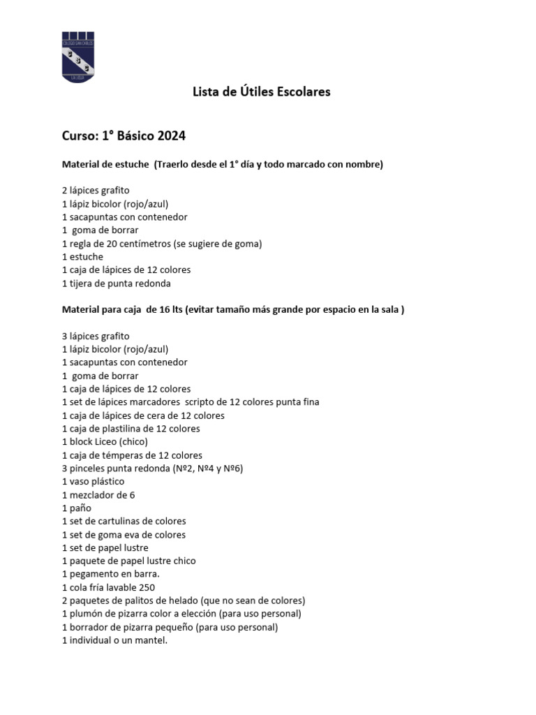 Primero Básico Lista de Útiles Escolares 2024 | PDF | Lápiz ...
