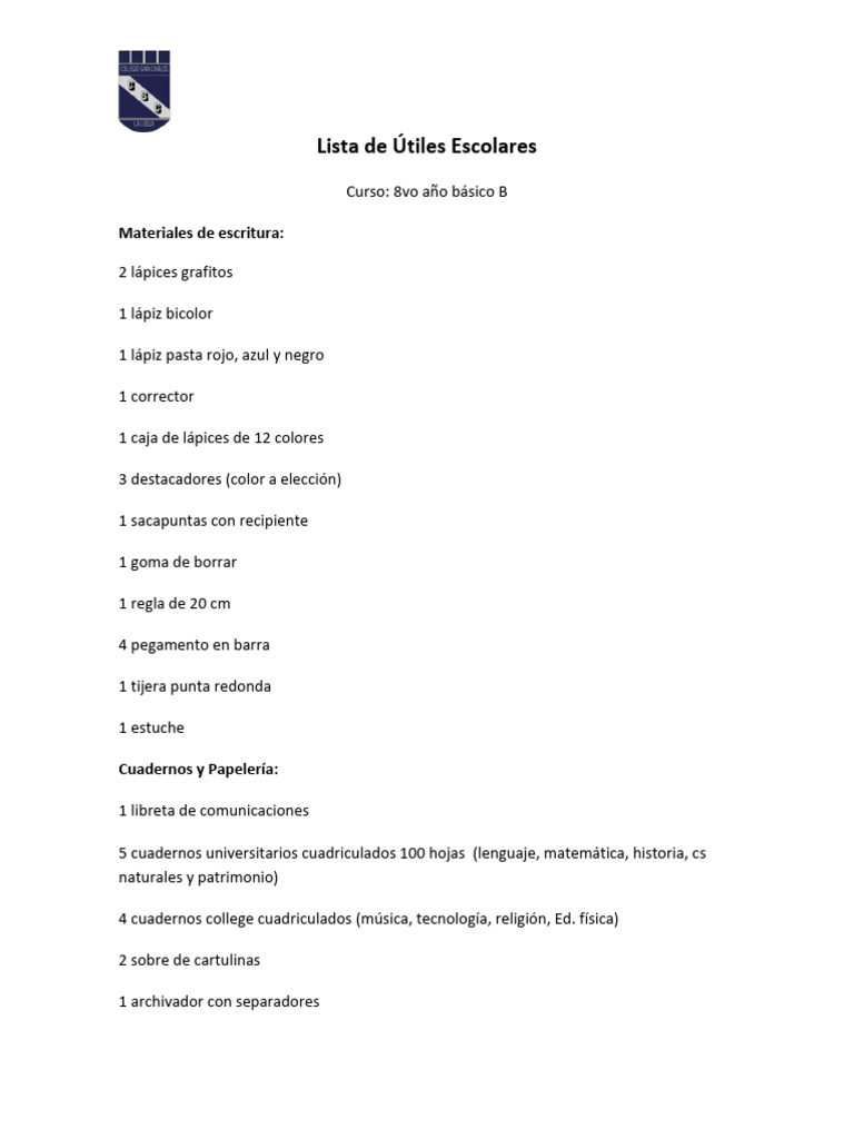 Octavo B - Básico Lista de Útiles Escolares 2024 | PDF