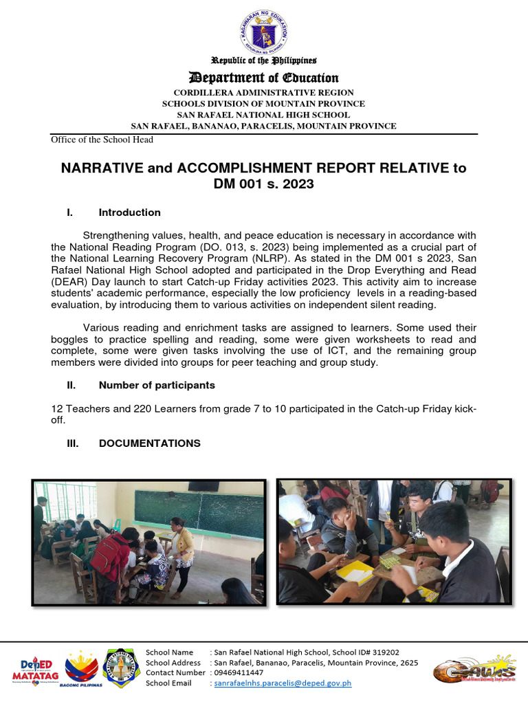 Narrative Report On DEAR and Catch Up Friday | PDF | Human Communication | Education Theory