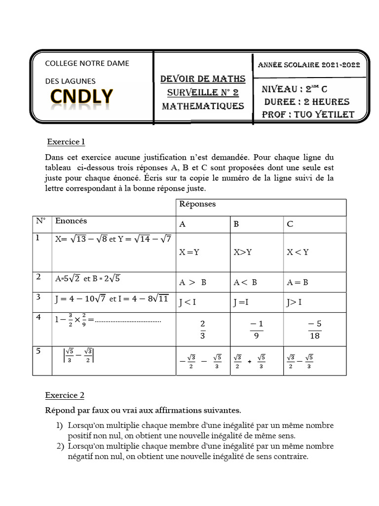 Devoir 2nde C Maths | PDF Devoir 2nde C Maths | PDF