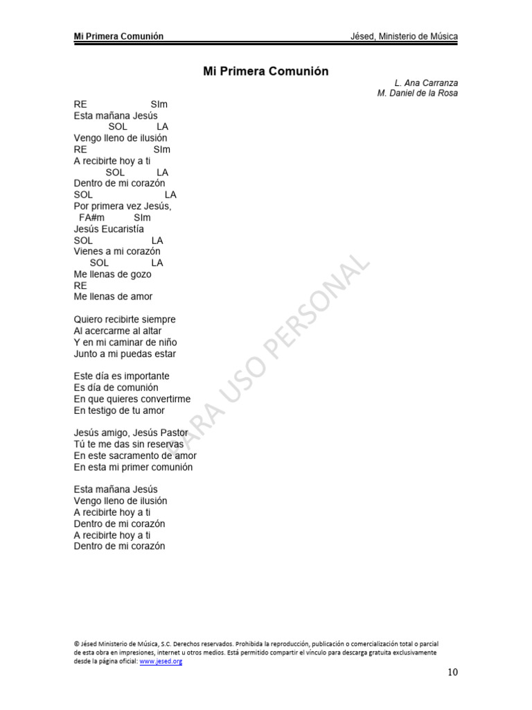 Letras CD Mi Primera Comunion Jesed Org | PDF