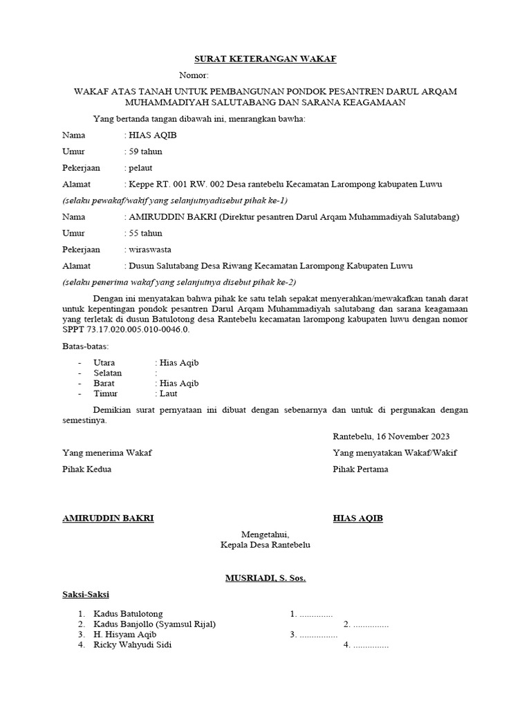 Surat Keterangan Wakaf | PDF