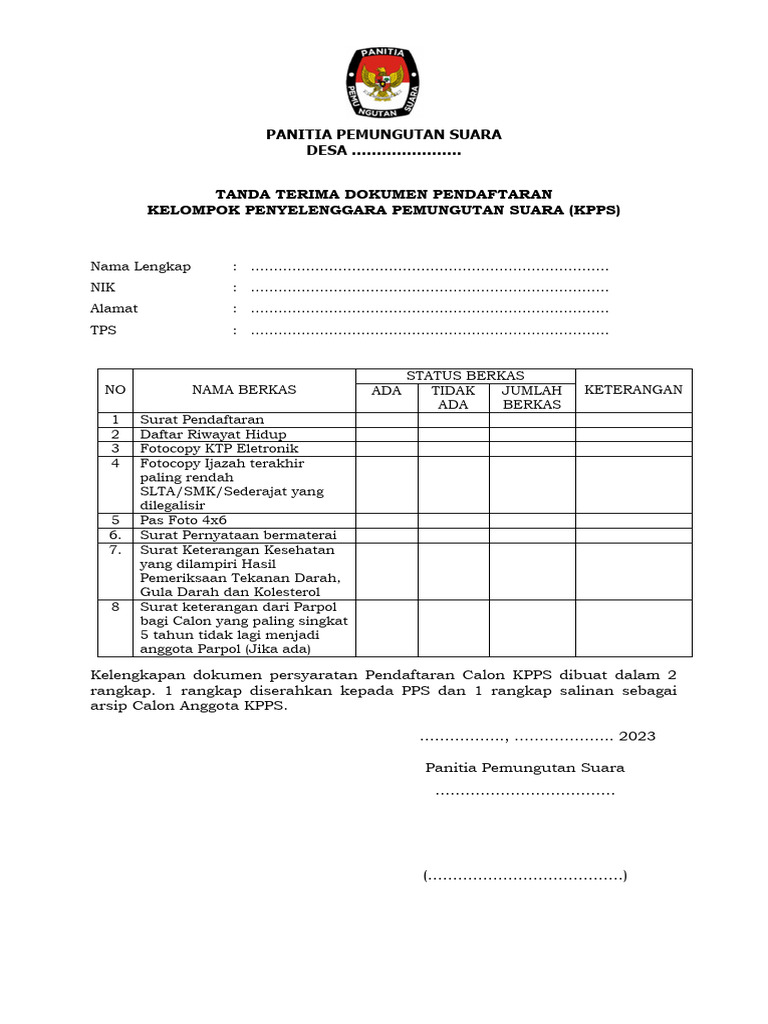 Tanda Terima Berkas Penerimaan KPPS & Template Dokumen Pendaftaran KPPS ...