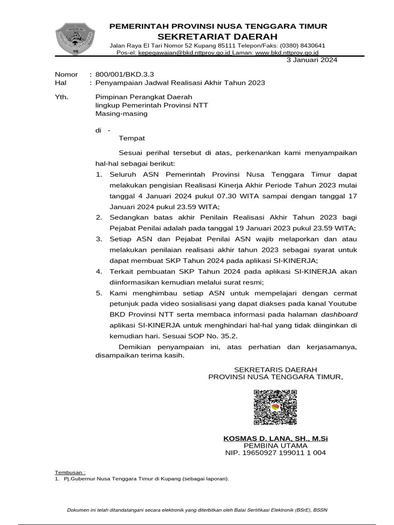 Surat Penyampaian Jadwal Realisasi Akhir Tahun 2023 | PDF
