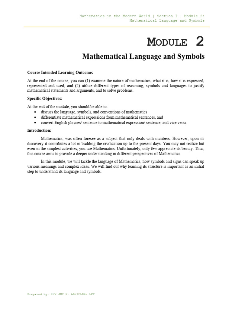 MODULE 2 Lesson 2.1 | PDF | Mathematics | Symbols