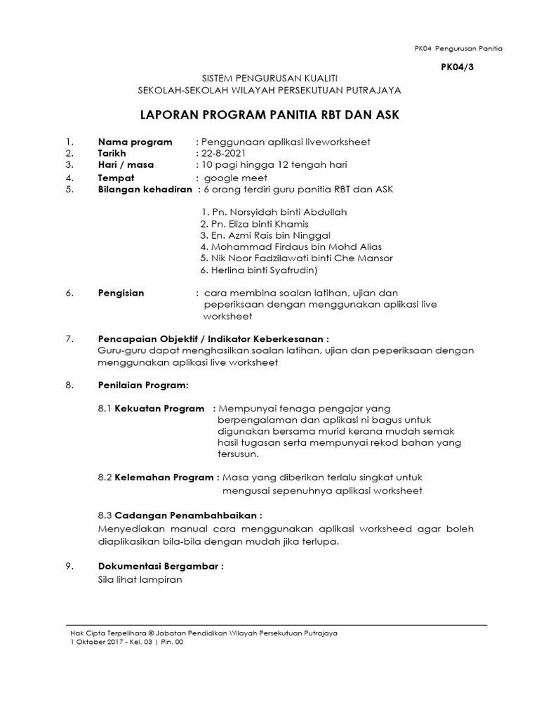Laporan PLC Panitia RBT | PDF