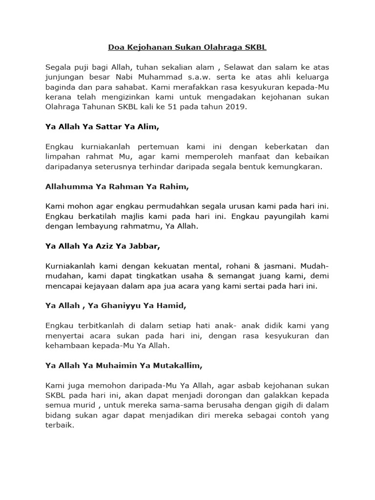 Doa Kejohanan Sukan Olahraga SKBL | PDF