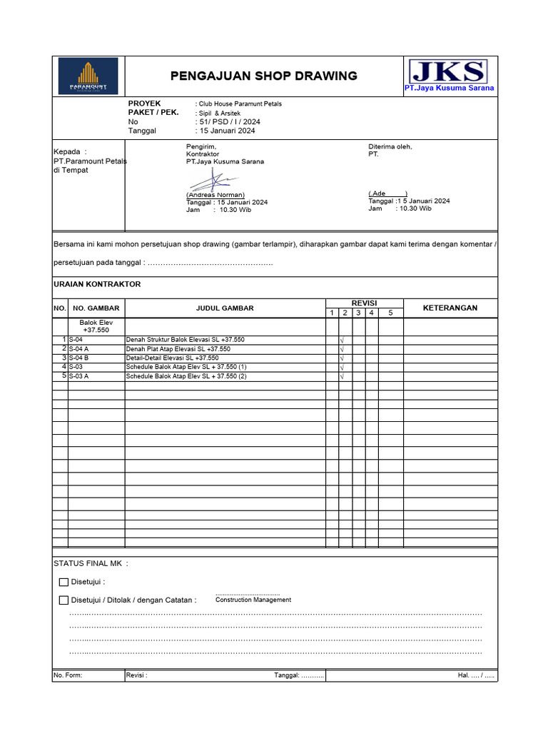 51.Pengajuan Revisi Shop drawing balok atap tgl 15 Jan 2024 | PDF