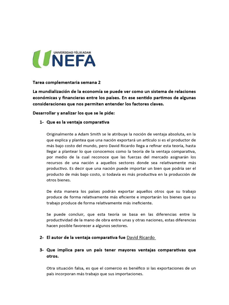 2 Tarea Complementaria Semana 2 | PDF | Ventaja comparativa | Division de trabajo