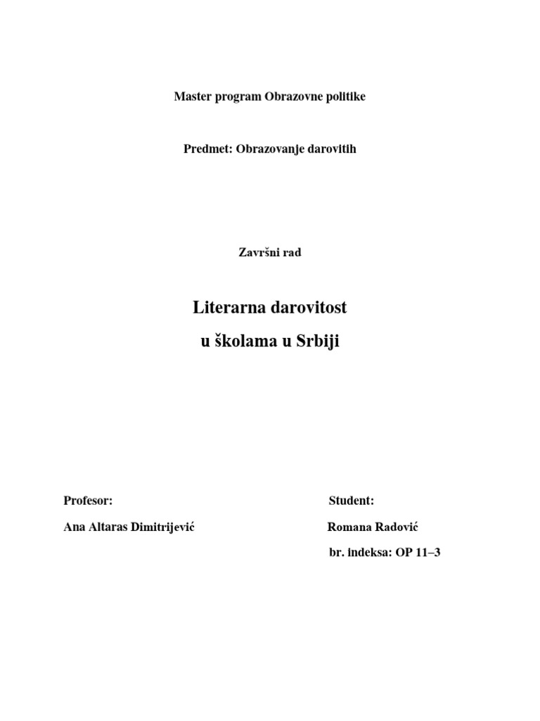 Literarna Darovitost U Školama U Srbiji | PDF