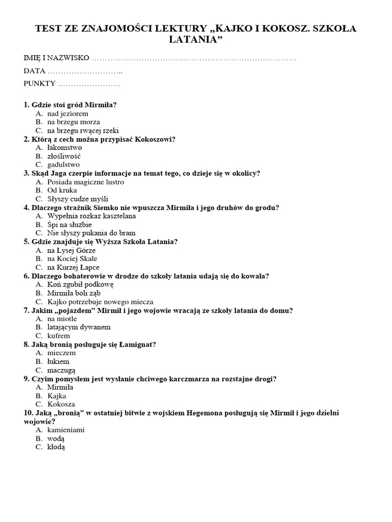 Test Ze Znajomości Lektury | PDF