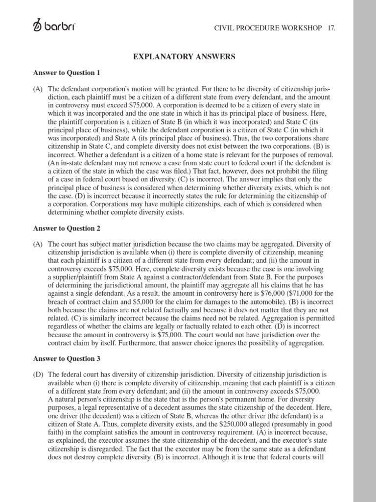 Civil Procedure Mbe Answers | PDF | Diversity Jurisdiction | Deposition ...