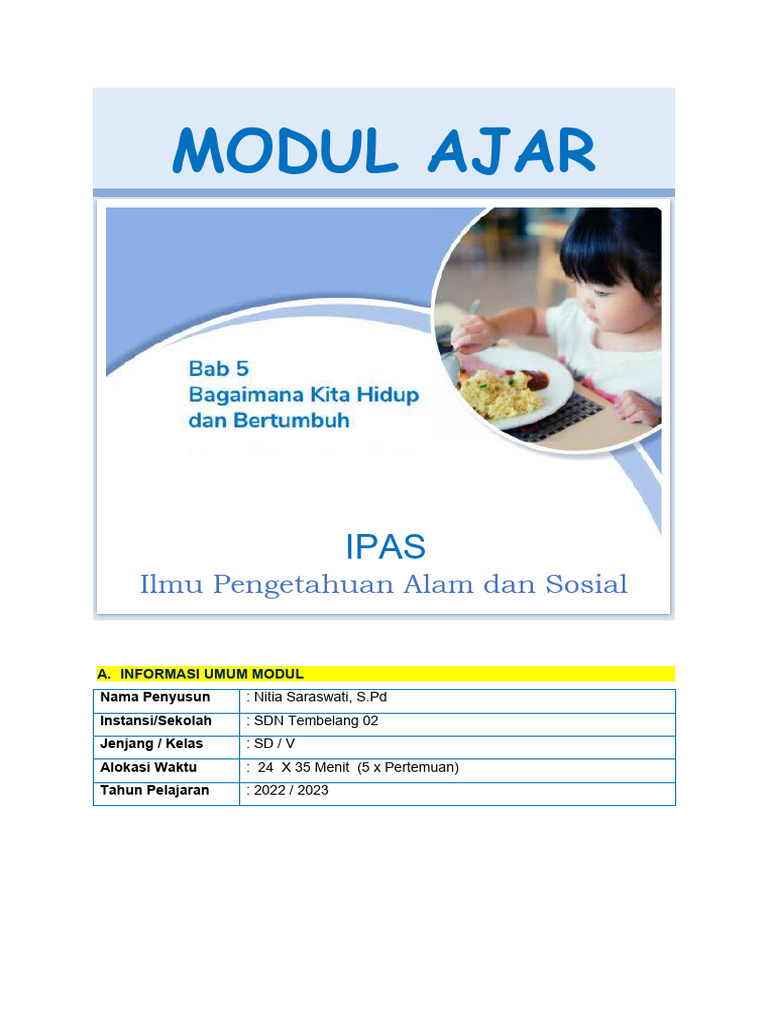 Modul Ajar IPAS Kurikulum Merdeka, Bab 5 - Bagaimana Kita Hidup Dan Bertumbuh | PDF