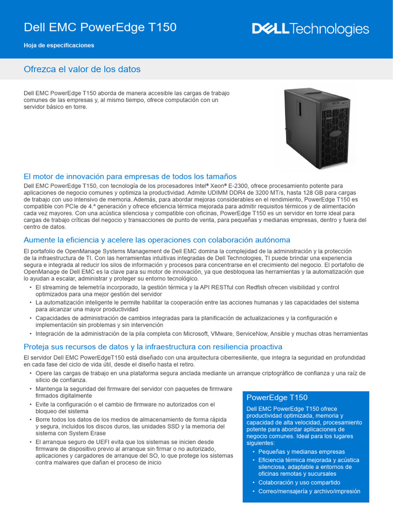 Dell Emc Poweredge t150 Spec Sheet Es XL | PDF | Microprocesador | Arranque