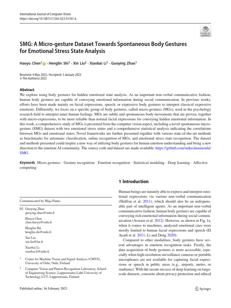 Micro-Gesture Dataset for Emotion Analysis | PDF | Emotions | Gesture