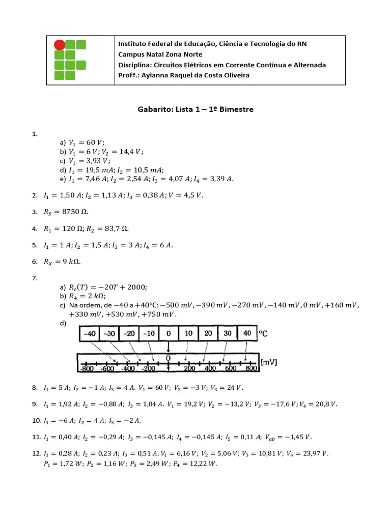 Gabarito Circuitos Elétricos 1º Bimestre | PDF | Métodos e Materiais de Ensino
