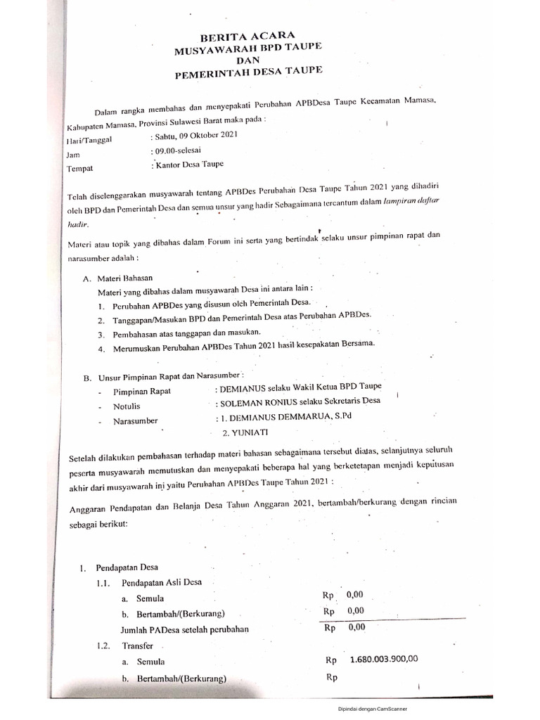 BA Musdes Perubahan APBDes Taupe | PDF