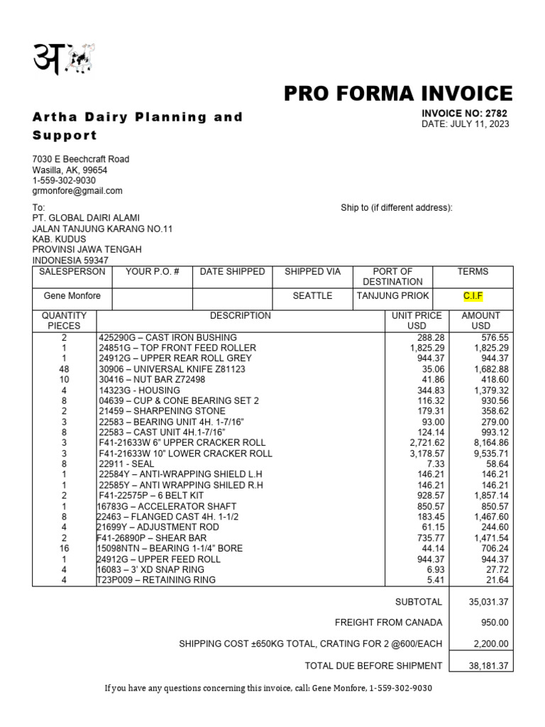 2782 Proforma Dion Parts | PDF | Manufactured Goods