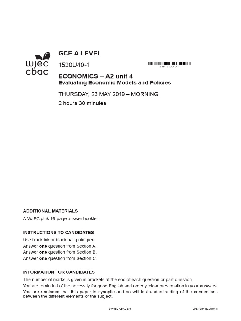 WJEC Economics A Level Unit 4 QP S19 | PDF | Economics | Oligopoly