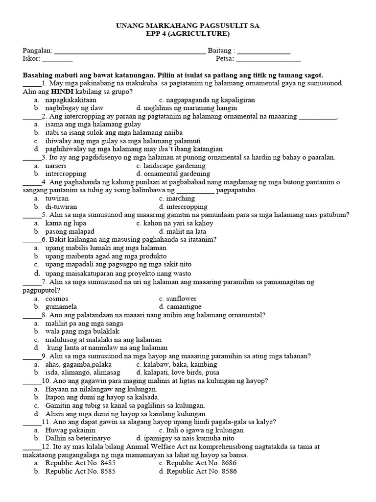 1st Periodical Test In Epp 4 Pdf