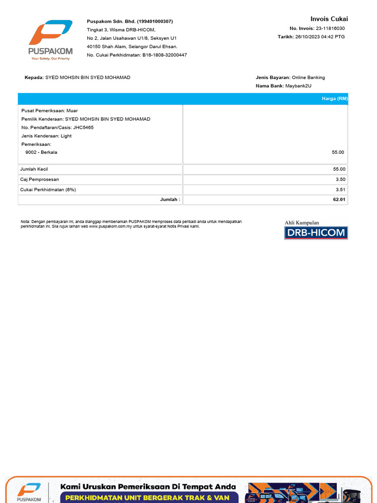 Invois Cukai: Puspakom Sdn. Bhd. (199401000307) No. Invois: 23-11816030 ...