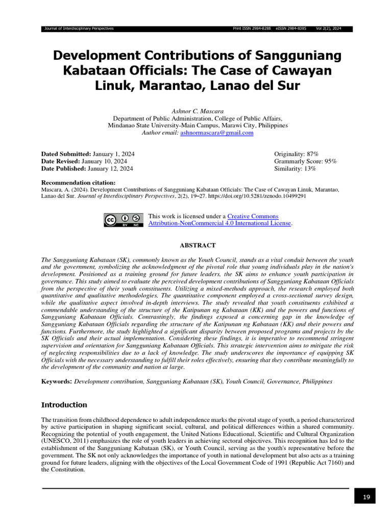 The Development Contributions of the Sangguniang Kabataan Officials the ...
