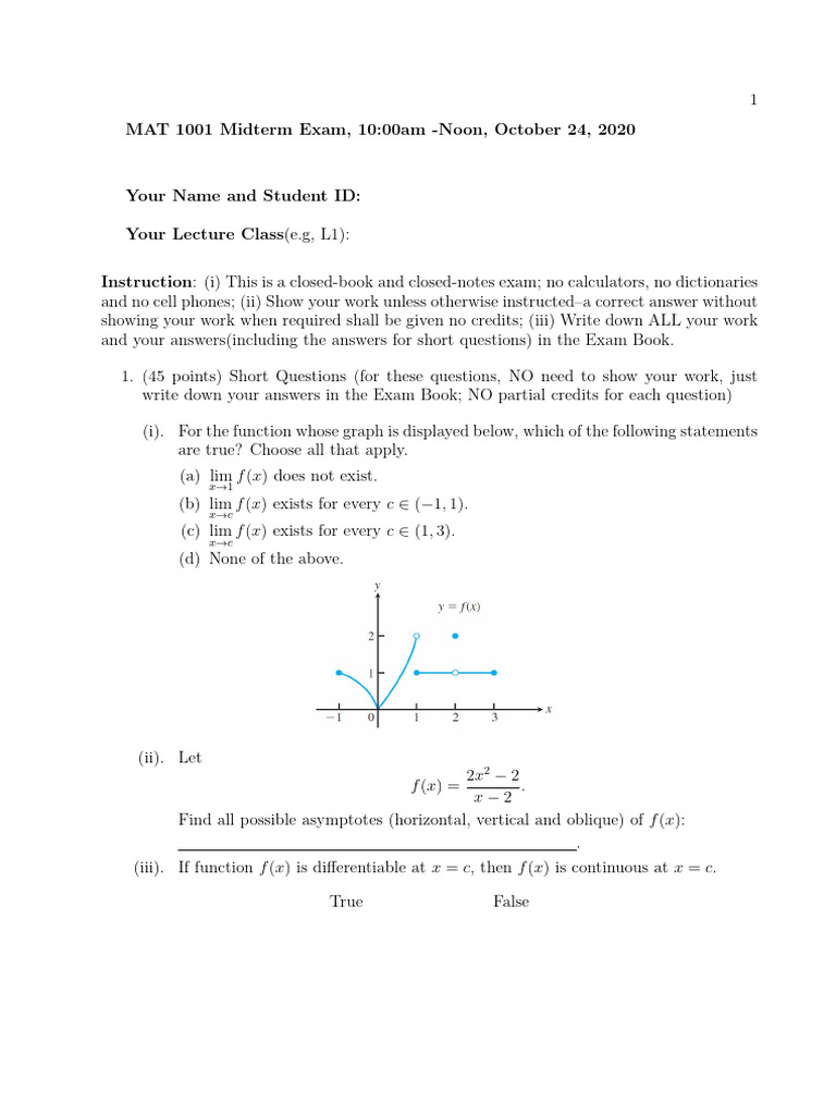 MAT1001 Midterm 2020 | PDF | Function (Mathematics) | Derivative