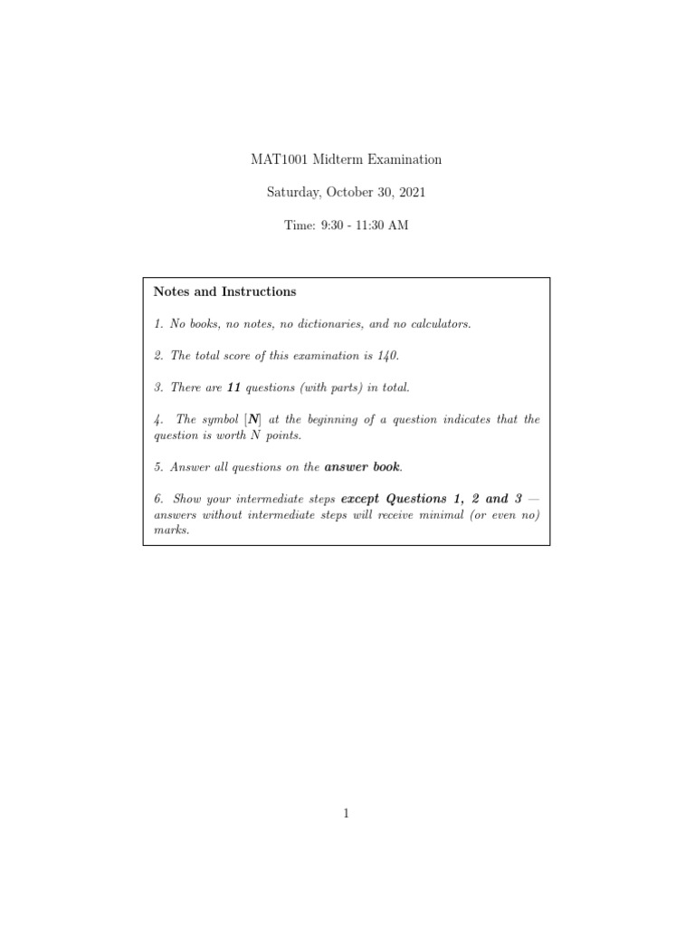 MAT1001 Midterm 2021 | PDF | Function (Mathematics) | Integral