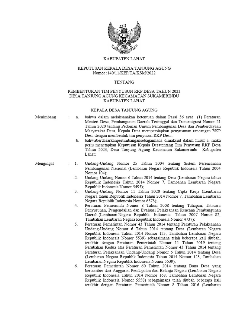 SK Tim Penyusun RKP Desa 2024 | PDF | Pengelolaan Keuangan & Uang