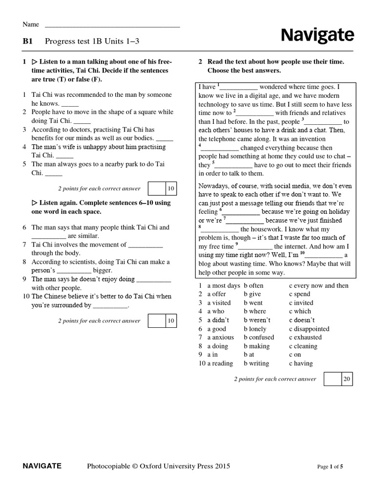 Progress Test 1B (Units 1-3) | PDF