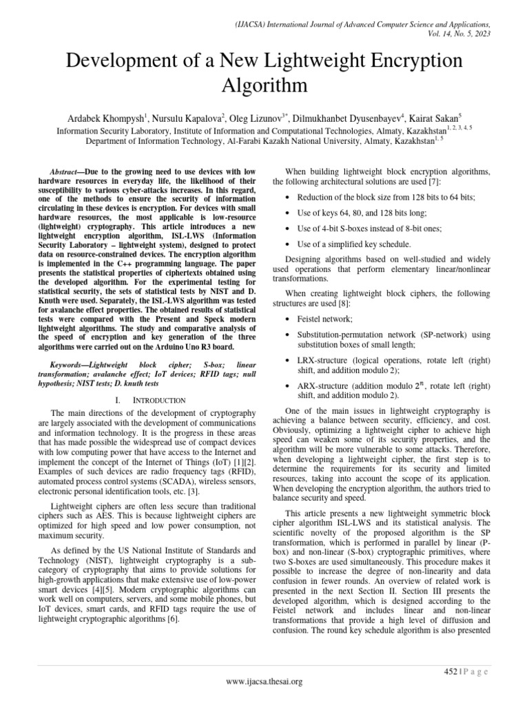 Paper 48-Development of A New Lightweight Encryption Algorithm | PDF | Cryptography | P Value