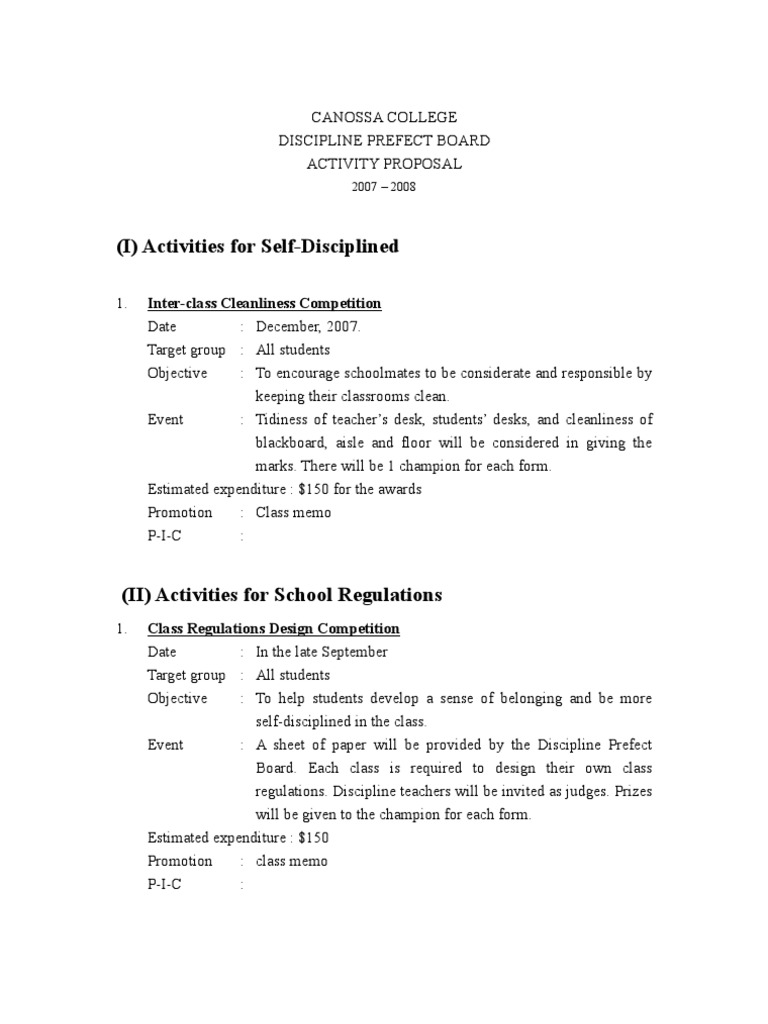 2007-2008 Discipline Prefect Board Activity Proposal 2 | PDF | Behavior Modification | Learning