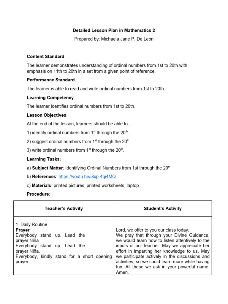 Detailed Lesson Plan in MATH | PDF | Prayer | Learning